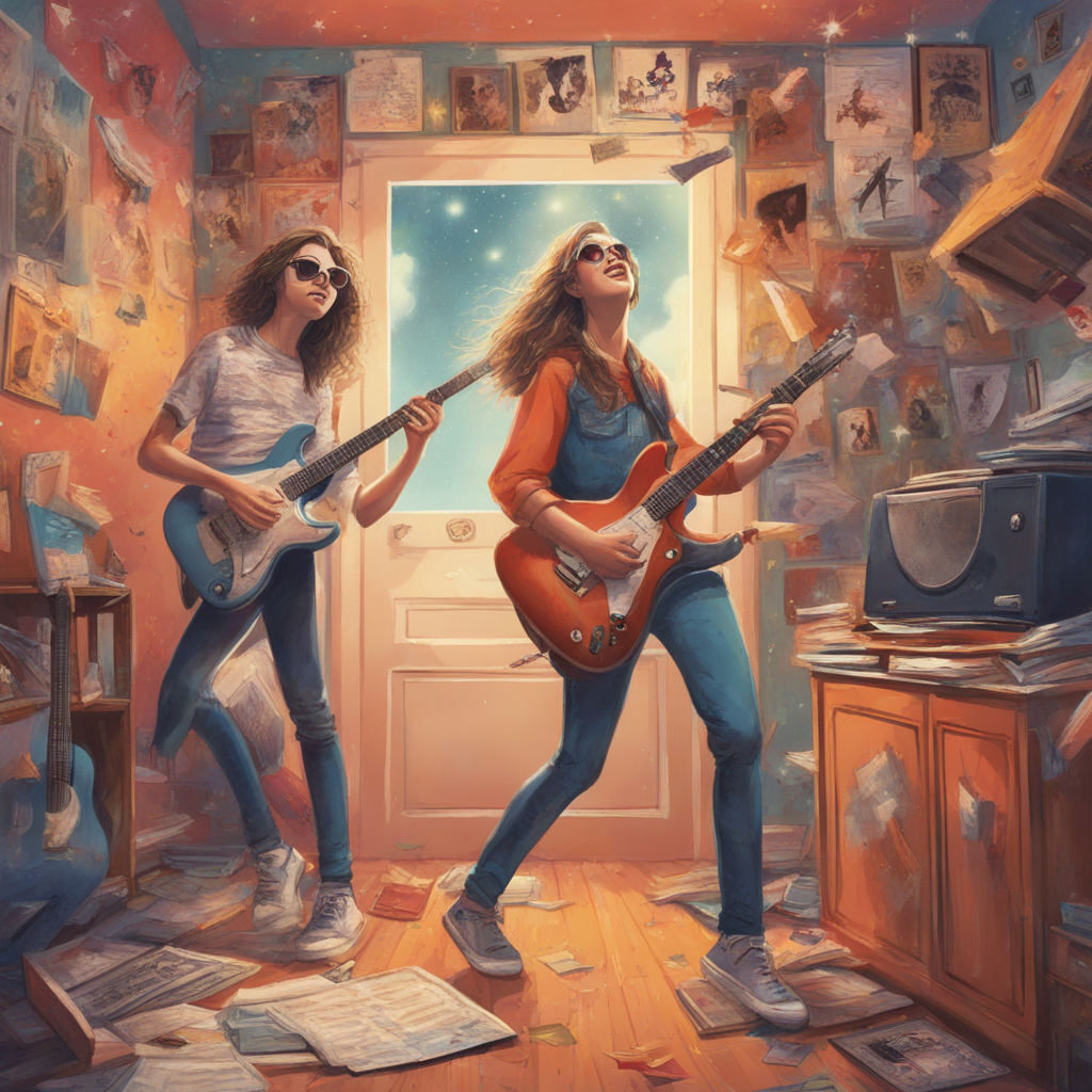 KREA AI - Lively room with band posters and flying stars. Th...