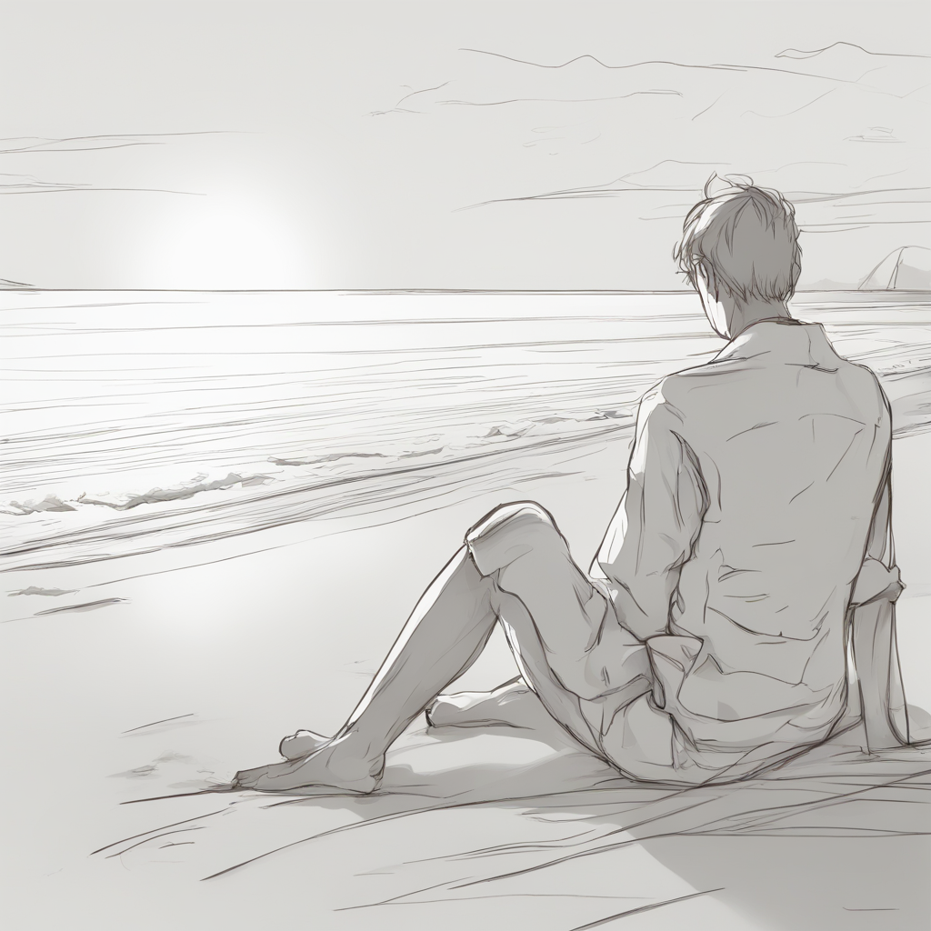 KREA AI - line drawing relaxed person on the beach, hard li...