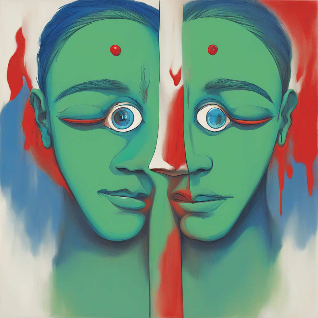 KREA AI - two reversed faces, one green face with open pale ...