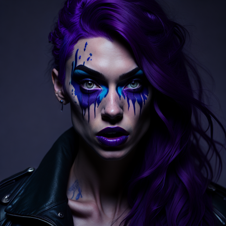 KREA AI - Caucasian woman with long messy purple hair and sm...