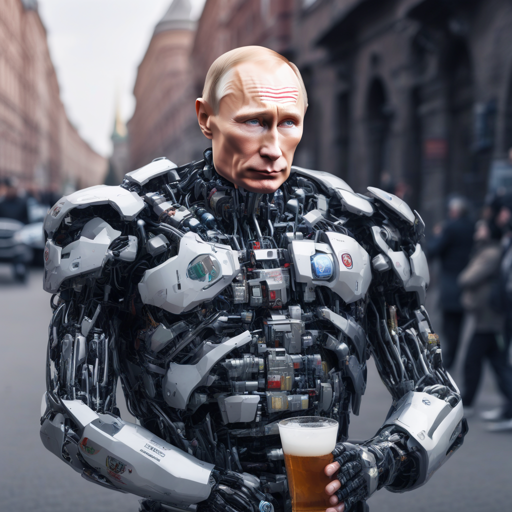 KREA AI - cyborg style, Putin is drinking on the street