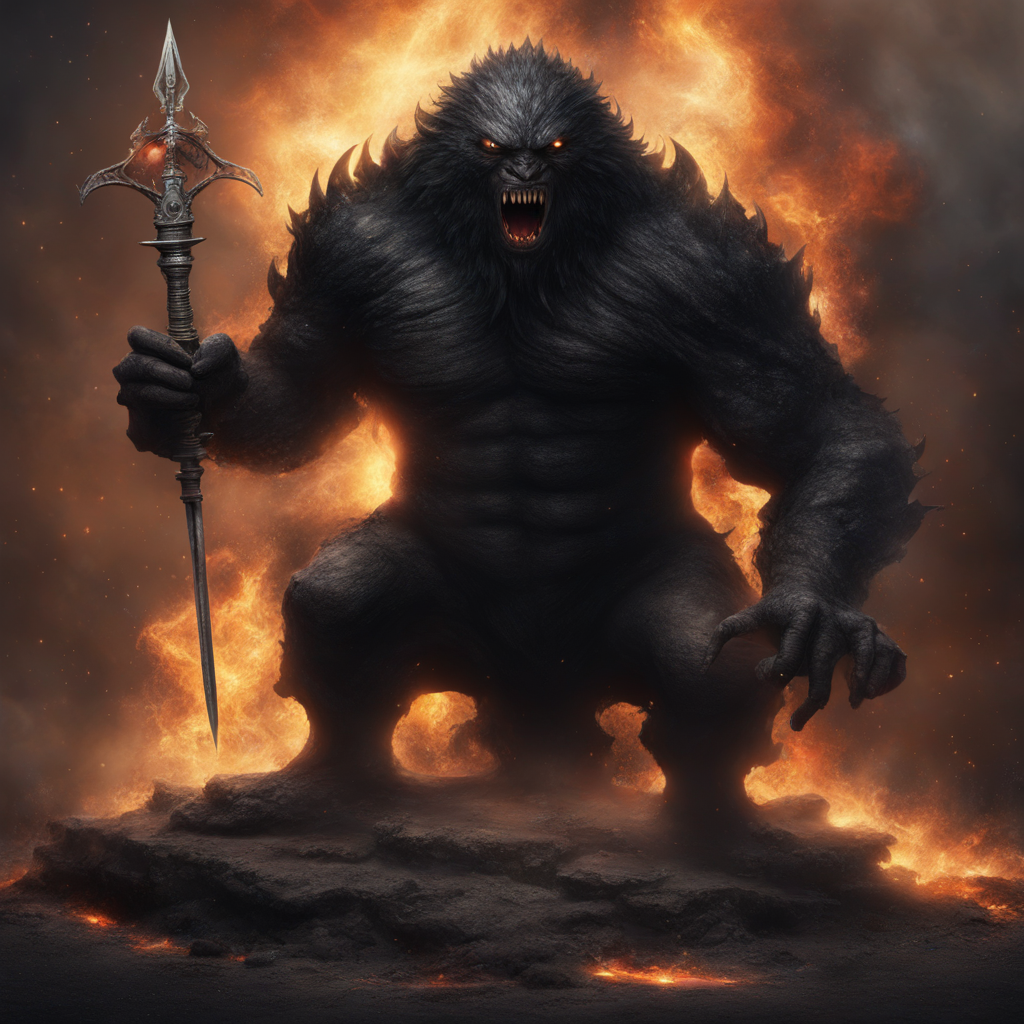 KREA AI - giant black angry creature, one hand holds a sword...