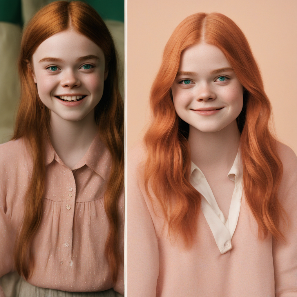 KREA AI - elle fanning with a dark red hair, big emerald gre...