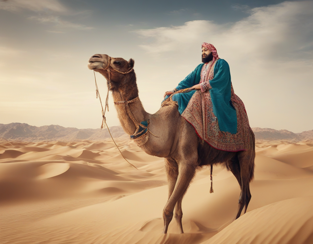 KREA AI - a Persian rich king riding camel in desert, HD, HQ...