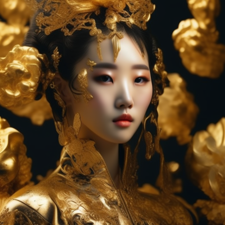 KREA AI - Korean girl, baroque style, goddess, golden nimbus...