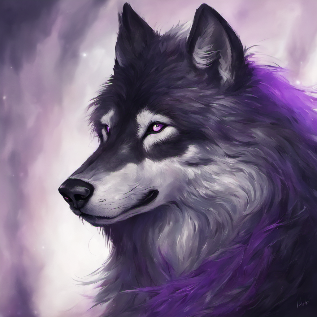 KREA AI - wolf black fur, purple eyes, fantasy character art