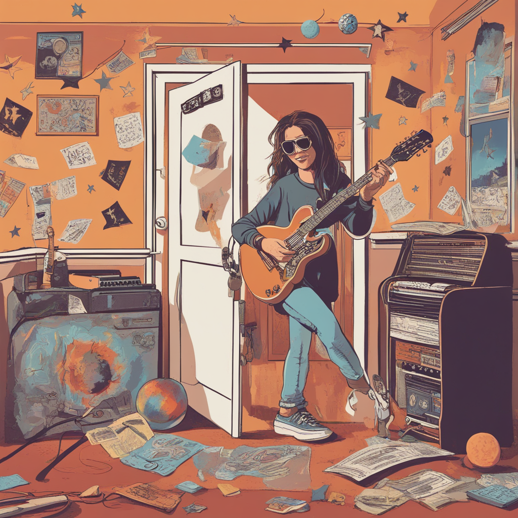 KREA AI - Lively room with band posters and flying stars. Th...