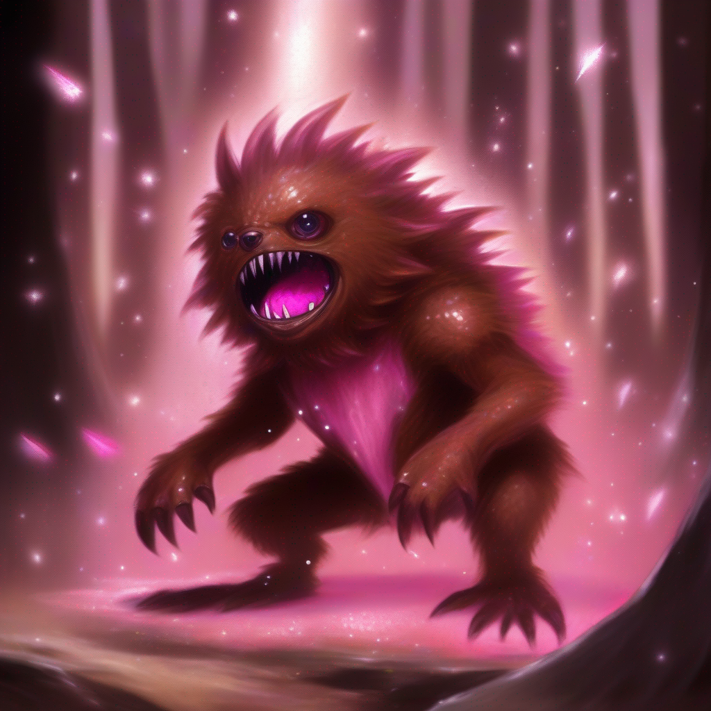 KREA AI - scared brown beast-like creature with some pink sp...