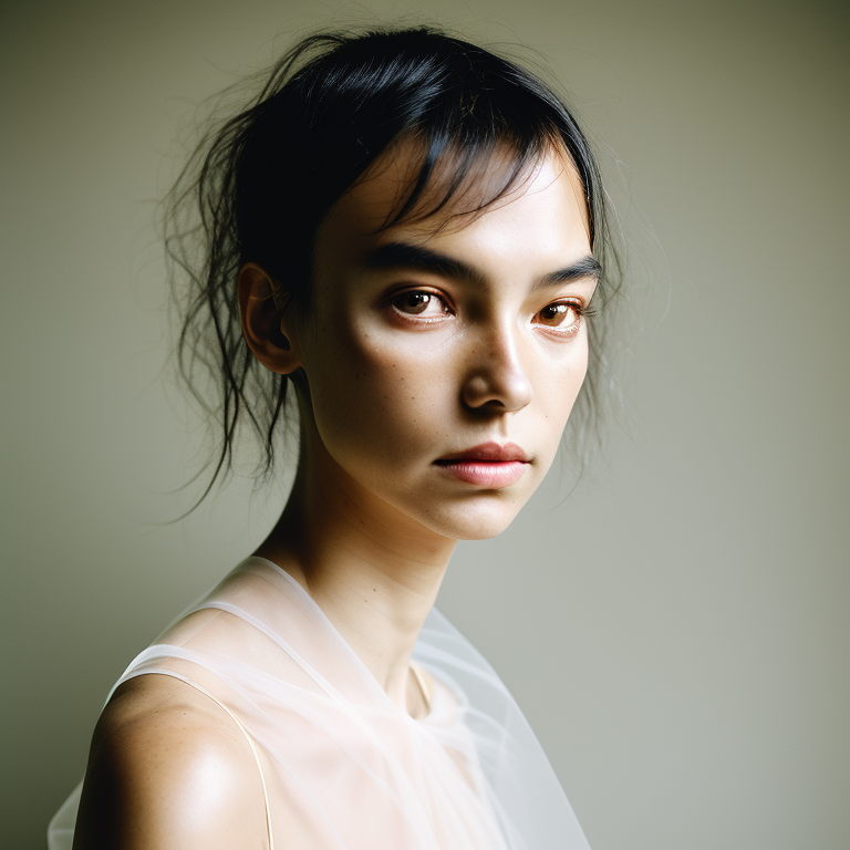 KREA AI - head and body in tulle in nature gold neon brown s...