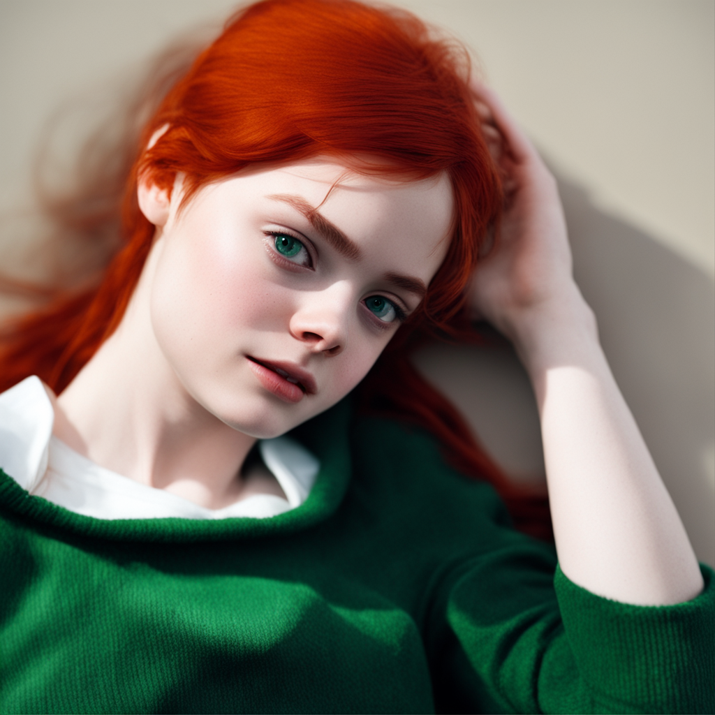 KREA AI - elle fanning with a dark red hair, big emerald gre...