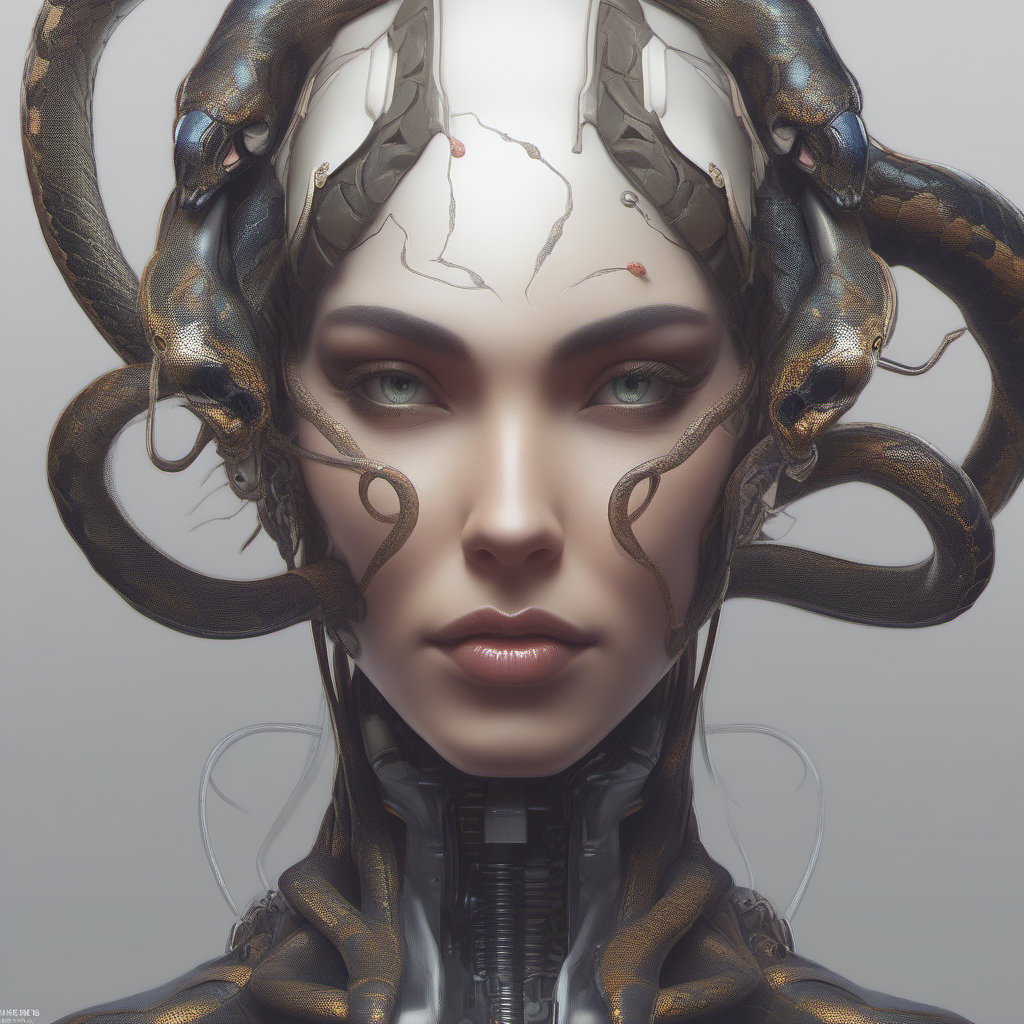KREA AI - cyborg woman, beautiful, snakes growing out of her...